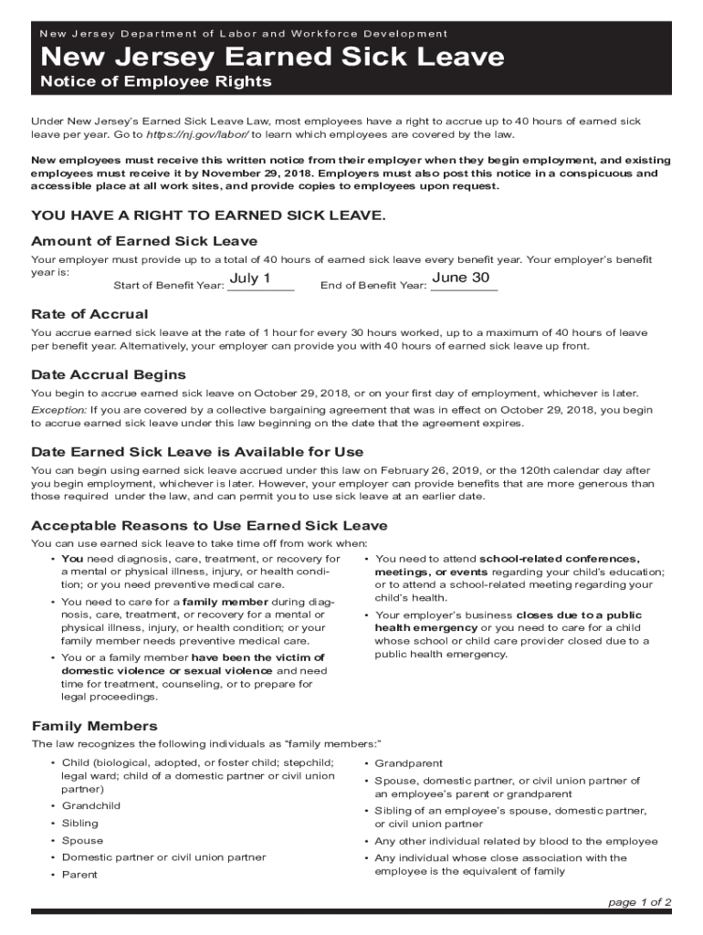 Fillable Online Notice of Employee Rights Under New Jersey Earned Sick ...