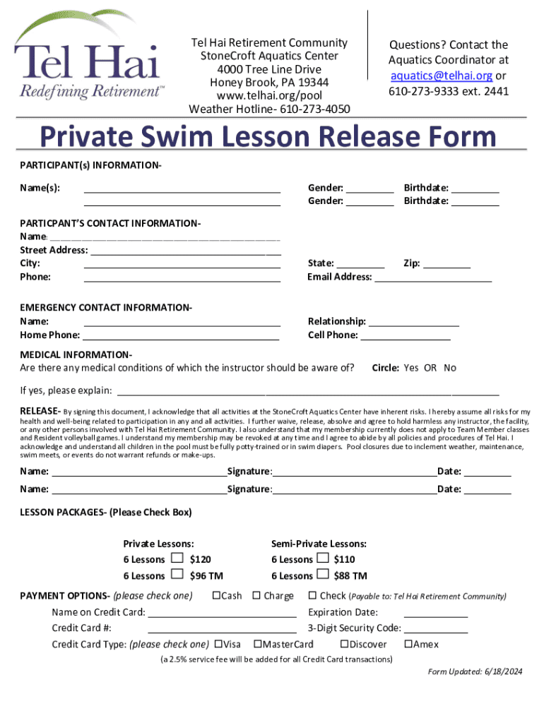 Fillable Online Private Swim Lesson Release Form - Tel Hai Retirement ...