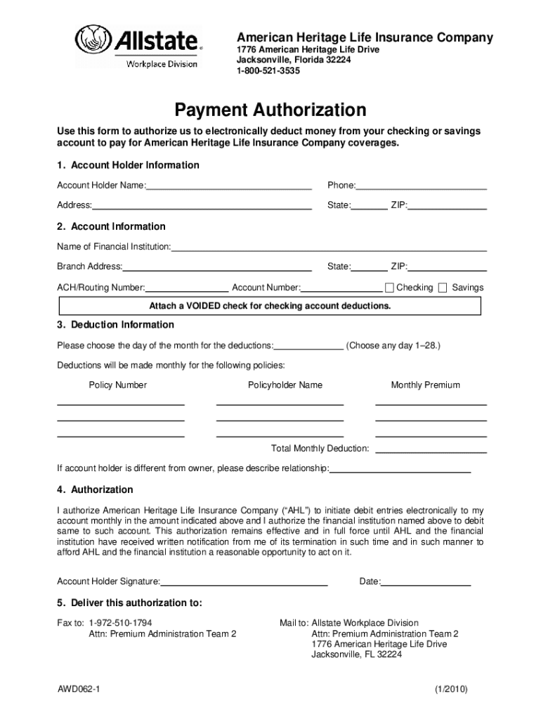 Fillable Online American Heritage Life Insurance Payment Authorization ...