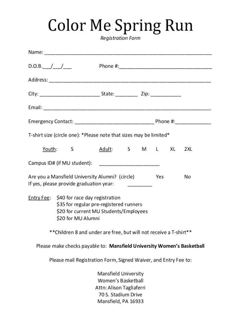 Fillable Online Color Me Spring Run Registration and Waiver Fax Email ...