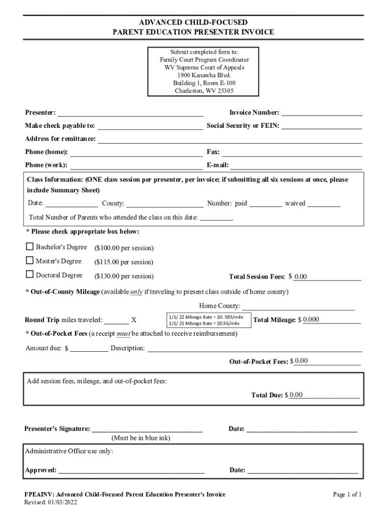 Fillable Online Invoice for Parent Education Presenters Fax Email Print ...