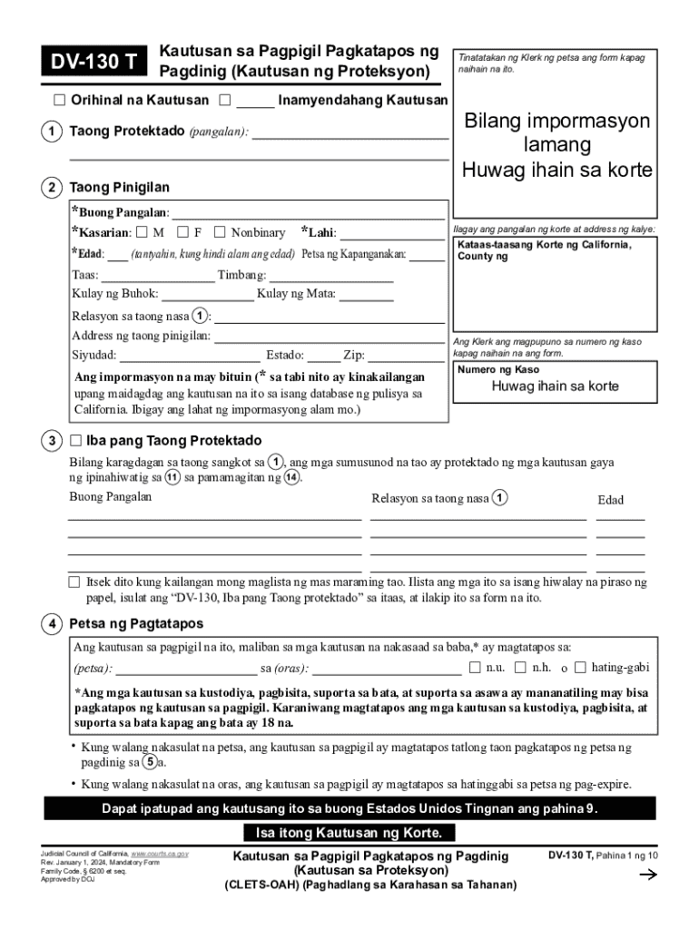 Fillable Online DV-130 T Kautusan sa Pagpigil Pagkatapos ng Pagdinig ...