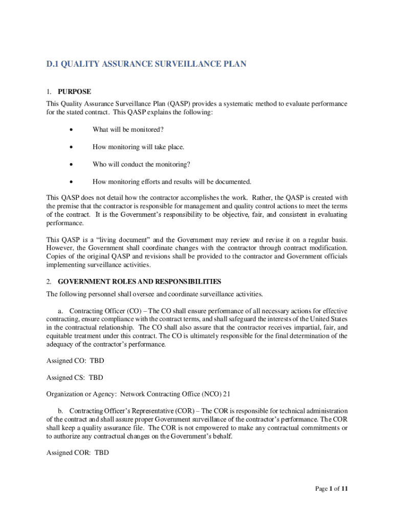 Fillable Online Quality Assurance Surveillance Plan (qasp) Fax Email ...