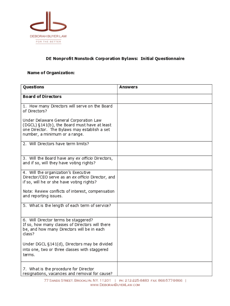 Fillable Online Initial Questionnaire for Nonprofit Nonstock Corporation Bylaws Fax Email Print ...