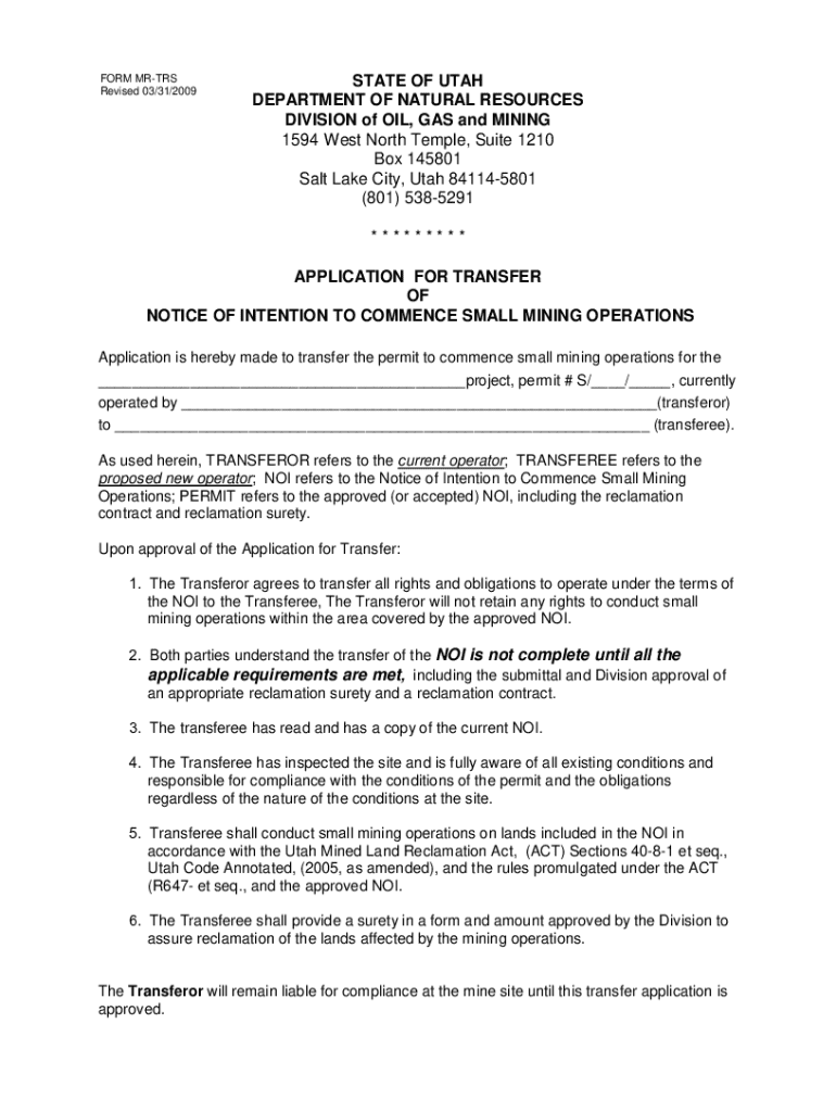 Fillable Online Application for Transfer of Notice of Intention to Commence Small Mining ...