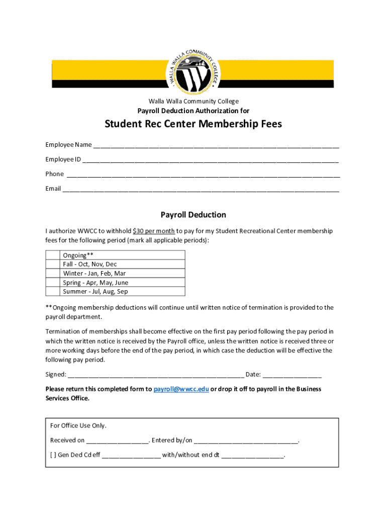 Fillable Online WWCC Student Rec Center Form Fax Email Print - pdfFiller