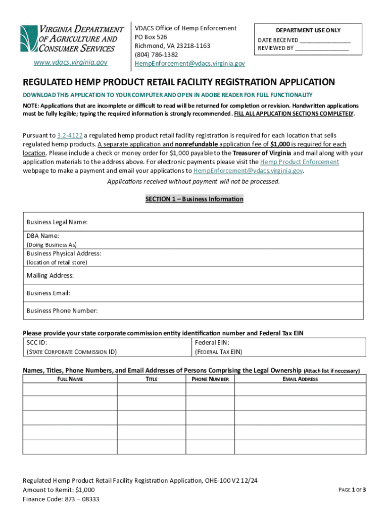 Fillable Online Vdacs Regulated Hemp Product Retail Facility ...