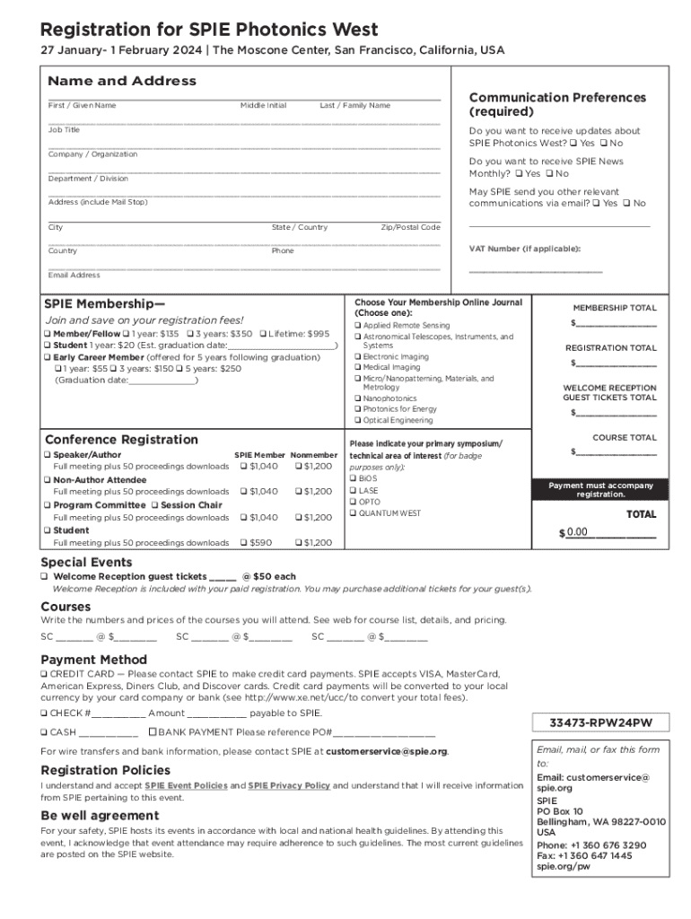 Fillable Online Spie Photonics West Conference Registration Fax Email ...