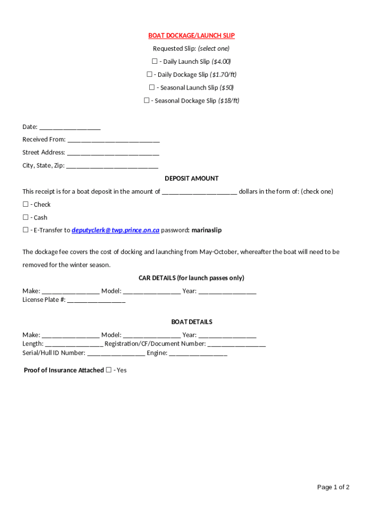 Boat Dockage/launch Slip Application Doc Template | pdfFiller