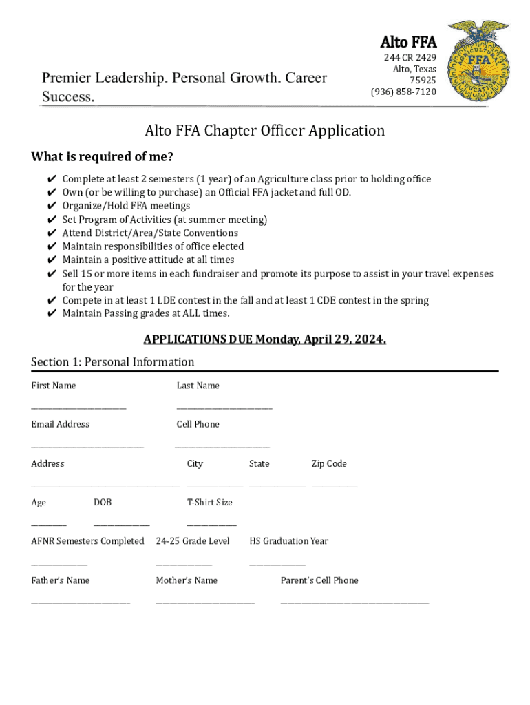 Fillable Online Alto FFA Chapter Officer Application 24-25.docx ...