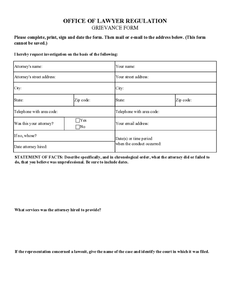 Fillable Online Office of Lawyer Regulation Grievance Form Fax Email Print - pdfFiller