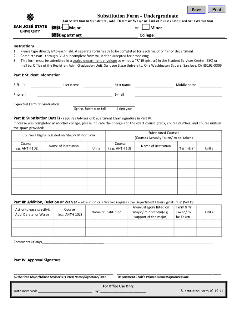 Fillable Online Authorization to Substitute, Add, Delete or Waive of Units/courses Required for ...