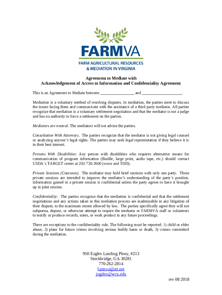 Agreement to Mediate With Acknowledgement of Access to Ination and Confidentiality Agreement Doc ...