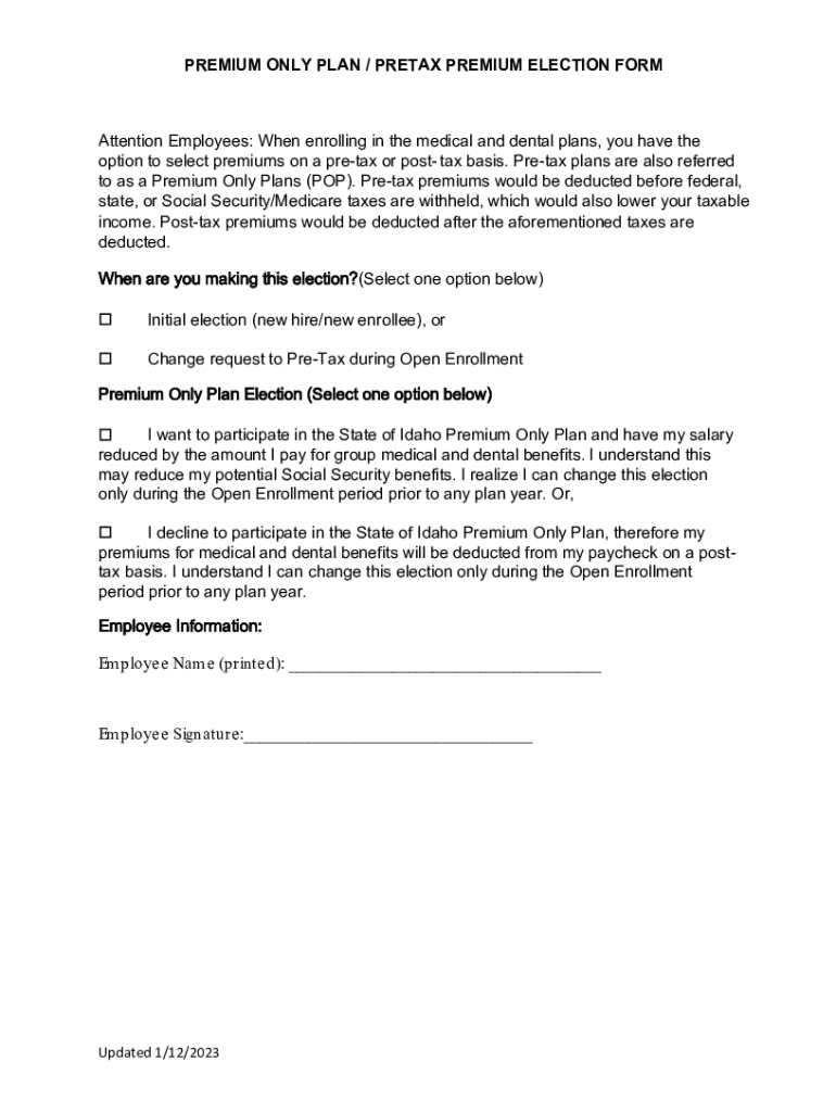 Fillable Online Premium Only Plan / Pretax Premium Election Form Fax ...