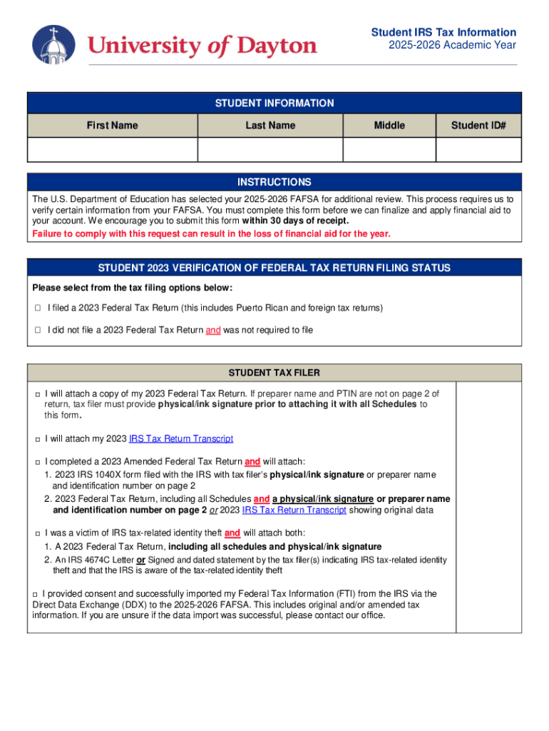 Fillable Online Student IRS Tax Information 2025-2026 Academic Year Fax ...