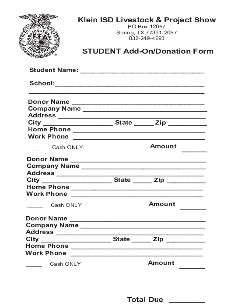 Fillable Online FFA Livestock & Project Show - Klein Independent School ... Fax Email Print ...