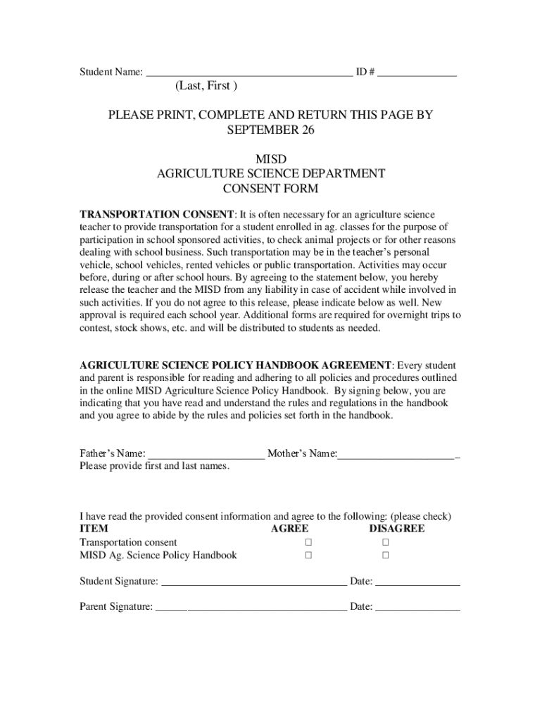 Fillable Online Student Trip to MISD Agriculture Barn Permission Form ...