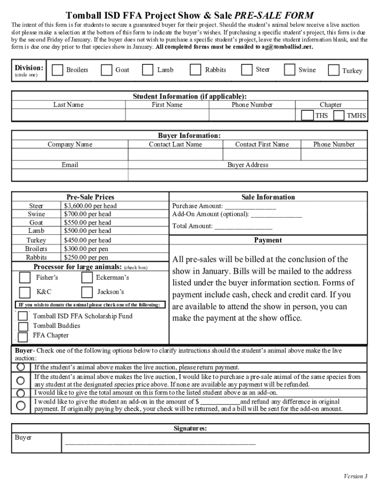 Fillable Online Tomball ISD FFA Project Show & Sale PRE-SALE FORM Fax ...