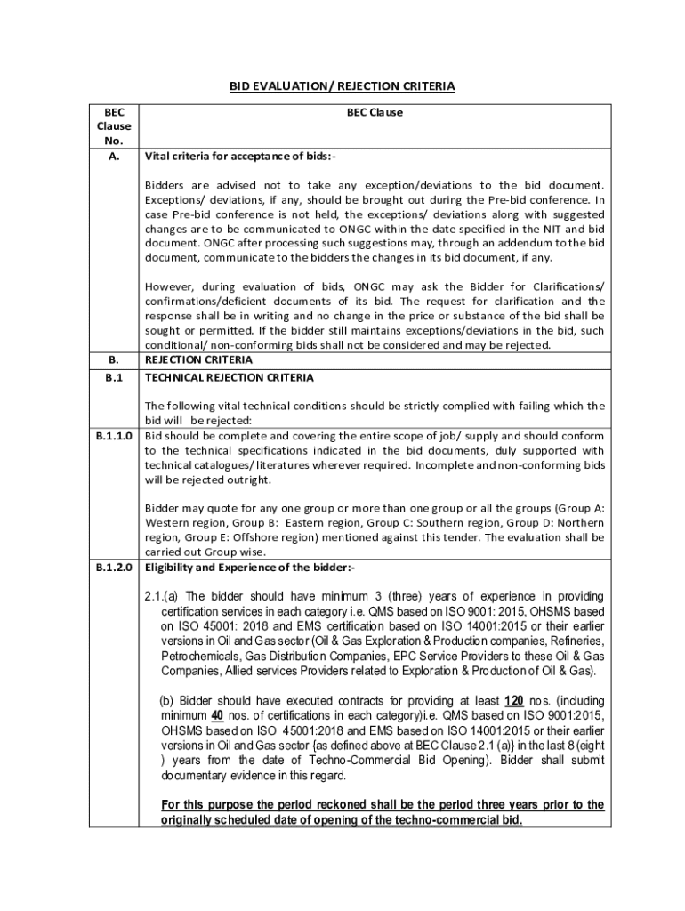 Fillable Online Evaluation and Rejection Criteria for Bids Fax Email ...