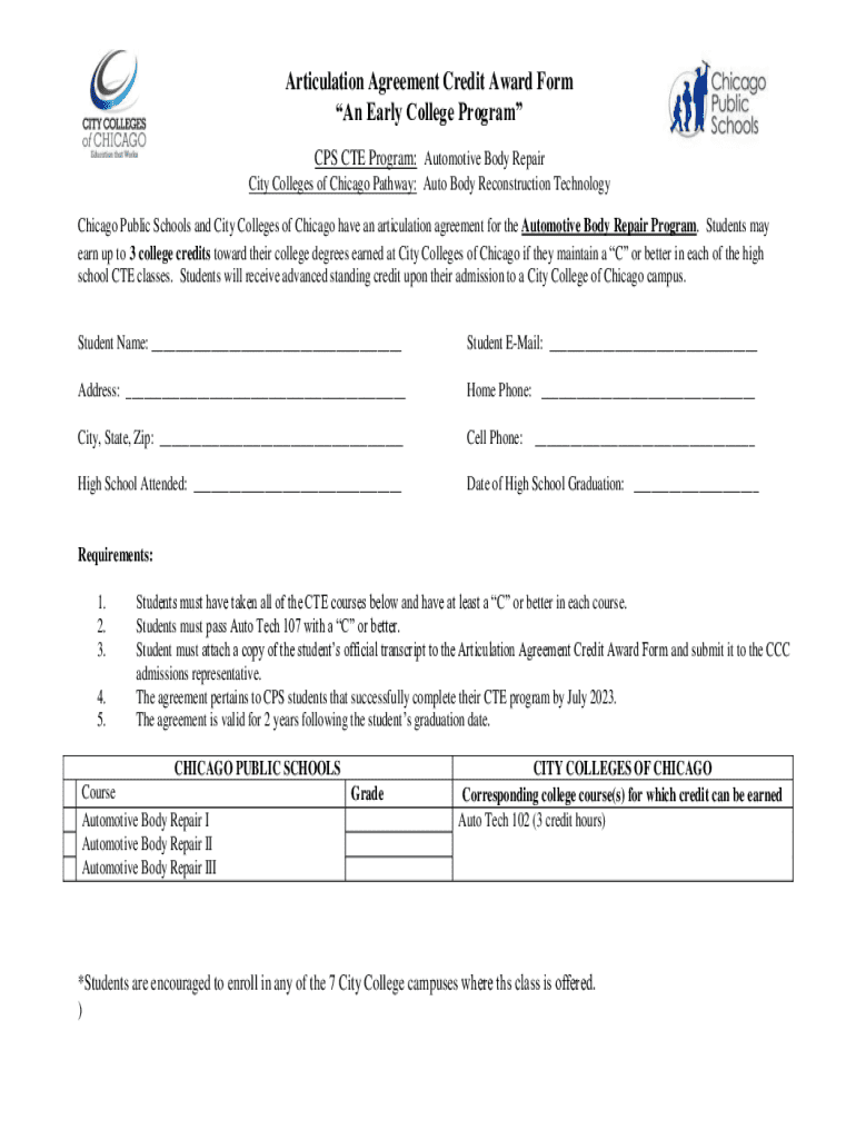 Fillable Online Articulation Agreement Credit Award Form An Early College ... Fax Email Print ...