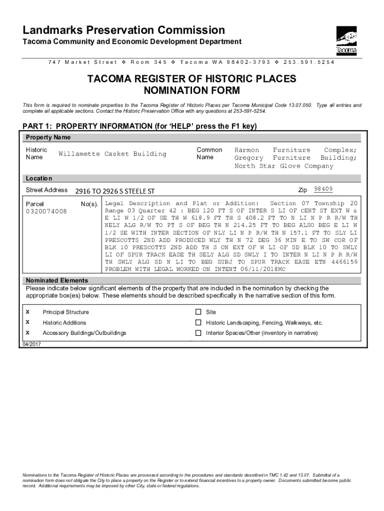 Fillable Online TACOMA REGISTER OF HISTORIC PLACES ... Fax Email Print - pdfFiller