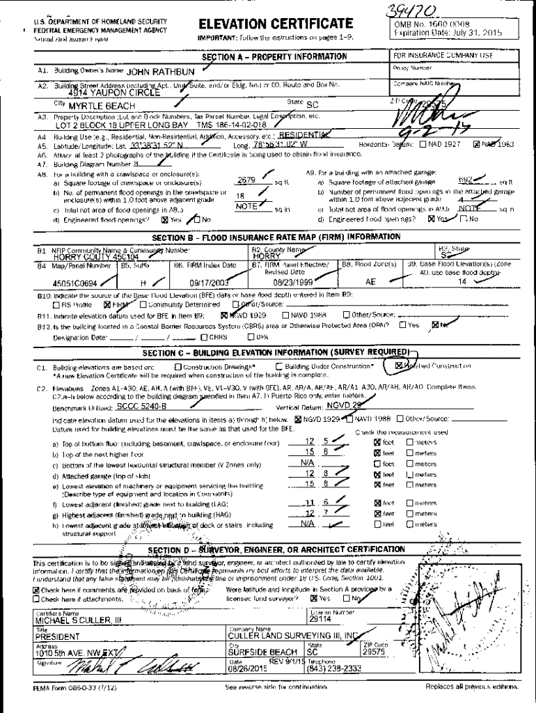 Fillable Online Elevation Certificate for Flood Insurance Fax Email ...