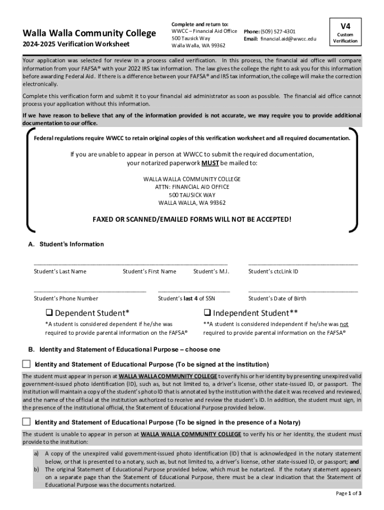 Fillable Online Walla Walla Community College Verification Worksheet Fax Email Print - pdfFiller
