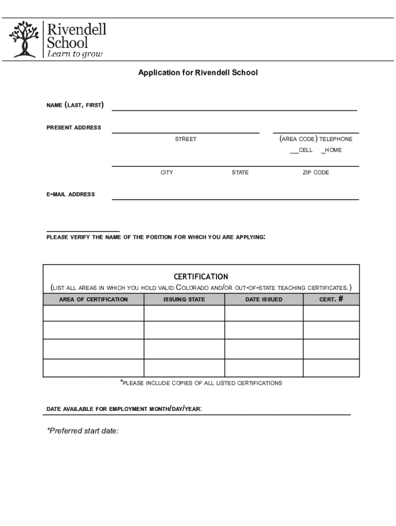 Fillable Online Rivendell School Employment Application Fax Email Print ...
