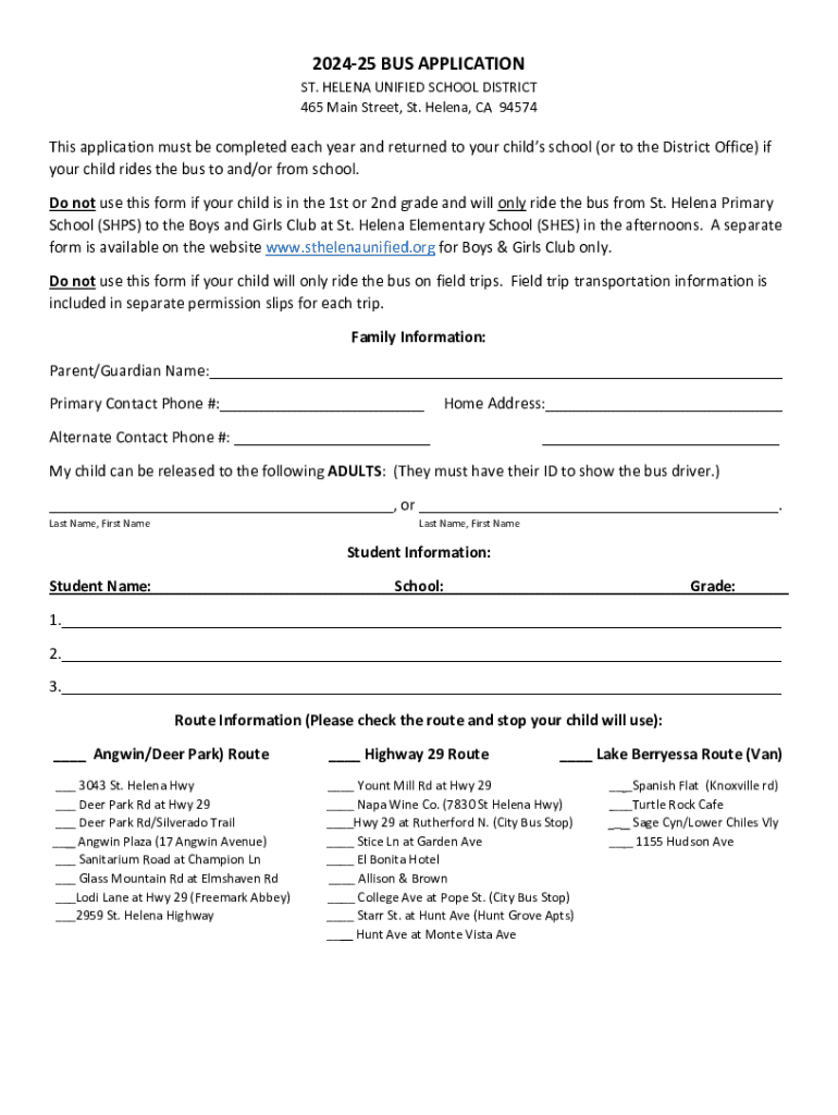 Fillable Online St. Helena Unified School District Bus Application Fax ...