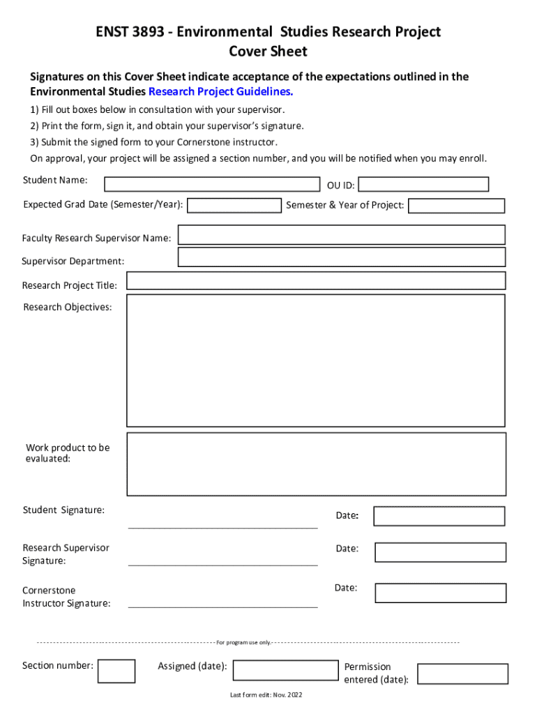 Fillable Online Environmental Studies Research Project Cover Sheet Fax ...