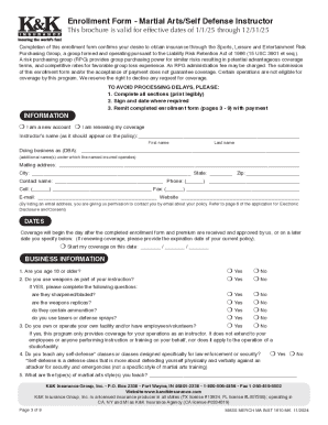 Fillable Online Insurance Program and Enrollment Form for Martial Arts/self Defense Instructors ...