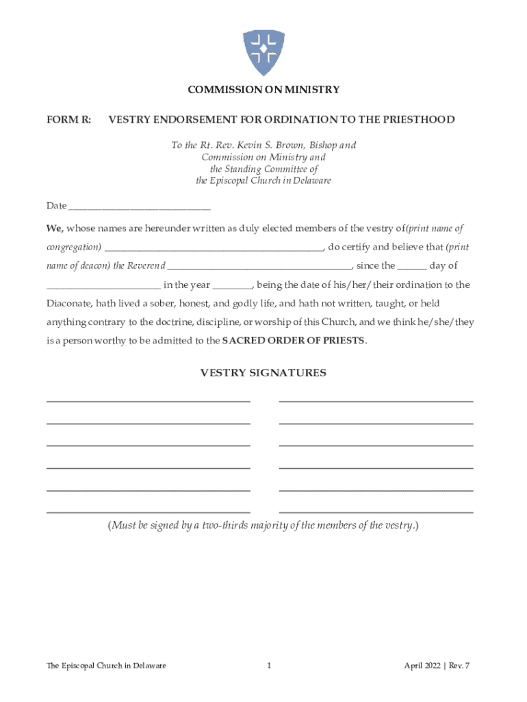 Fillable Online form r: vestry endorsement for ordination to the ...