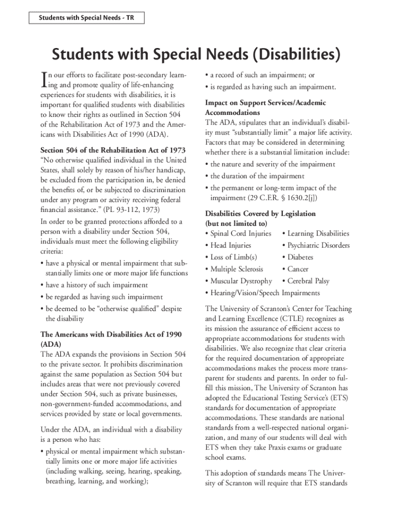 Fillable Online Students With Special Needs (disabilities) Fax Email ...