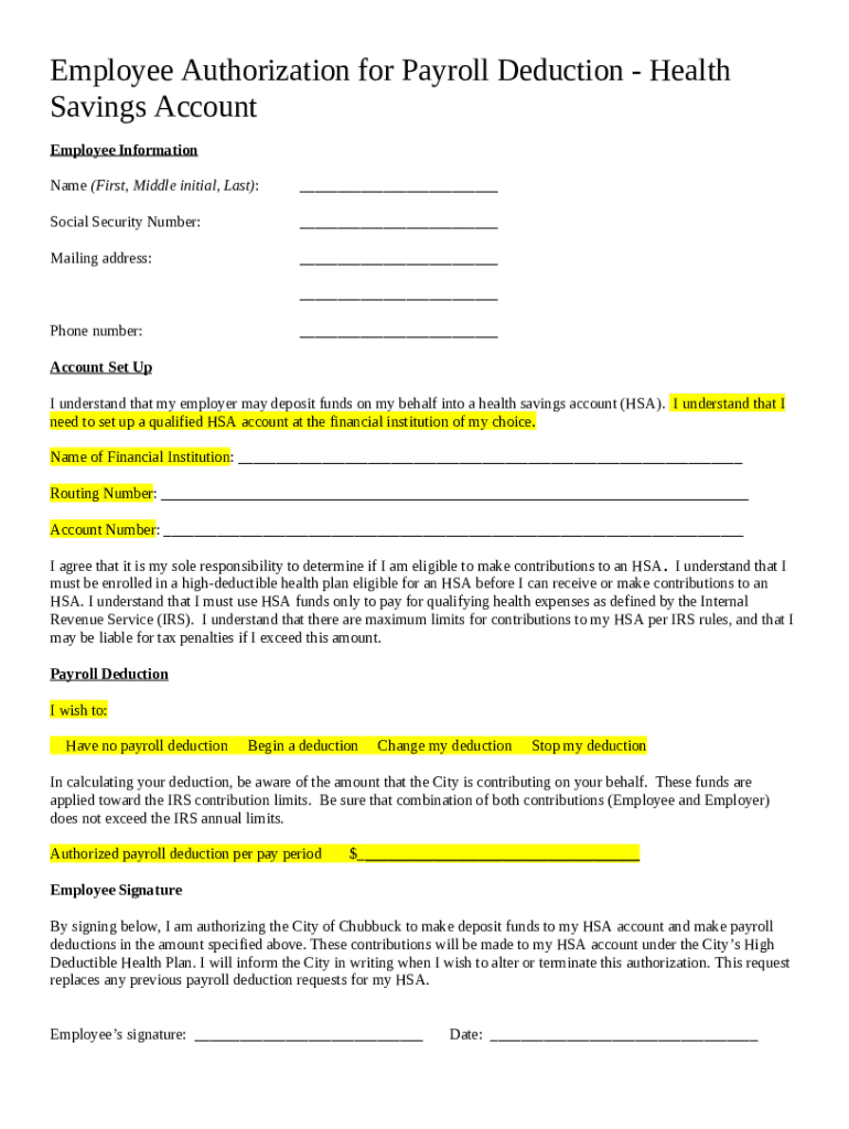 Employee Authorization for Payroll Deduction - Health Savings Account Doc Template | pdfFiller