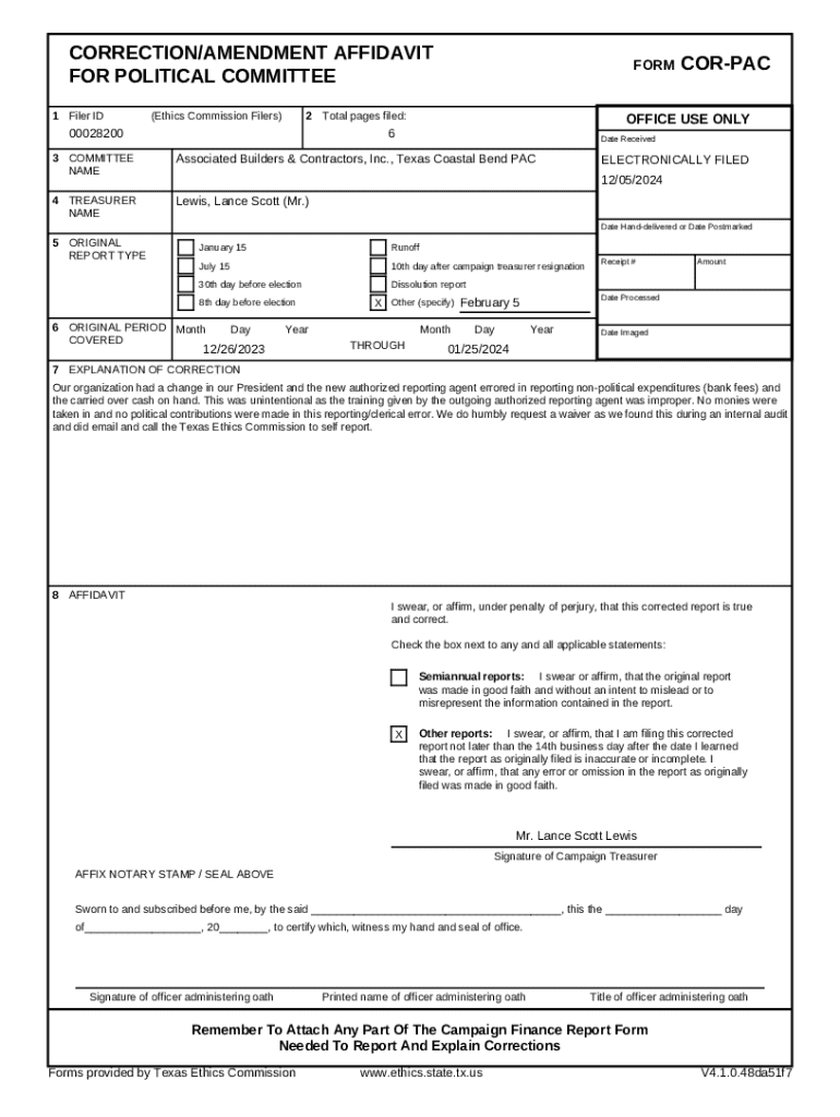 Fillable Online Correction/amendment Affidavit for Political Committee Fax Email Print - pdfFiller