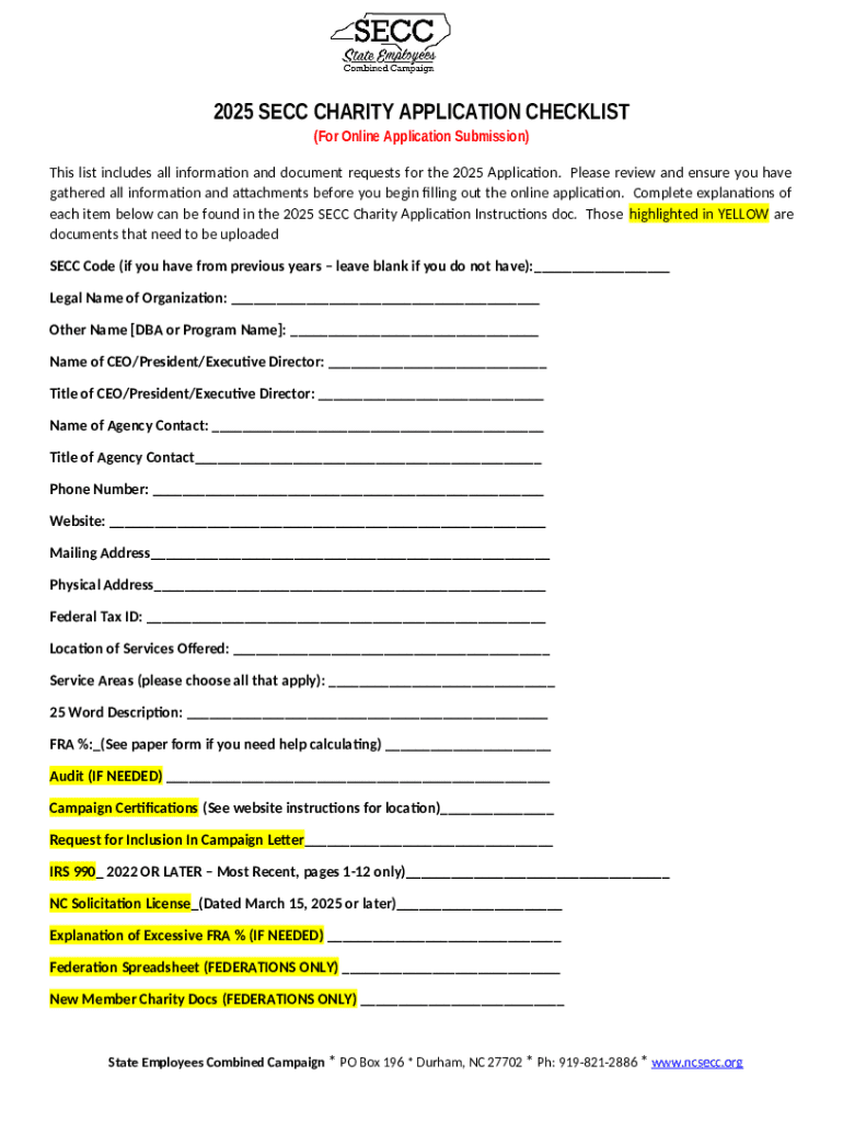 2025 secc charity application checklist Doc Template | pdfFiller