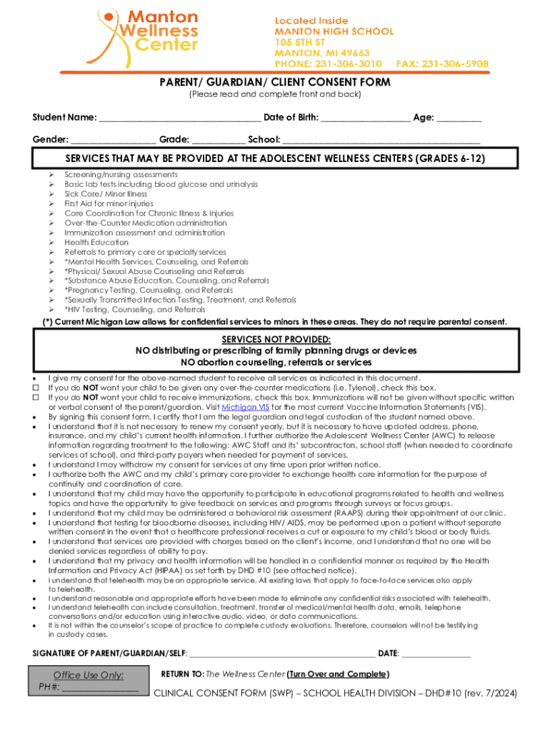 Fillable Online Parent/guardian/client Consent for Adolescent Wellness ...