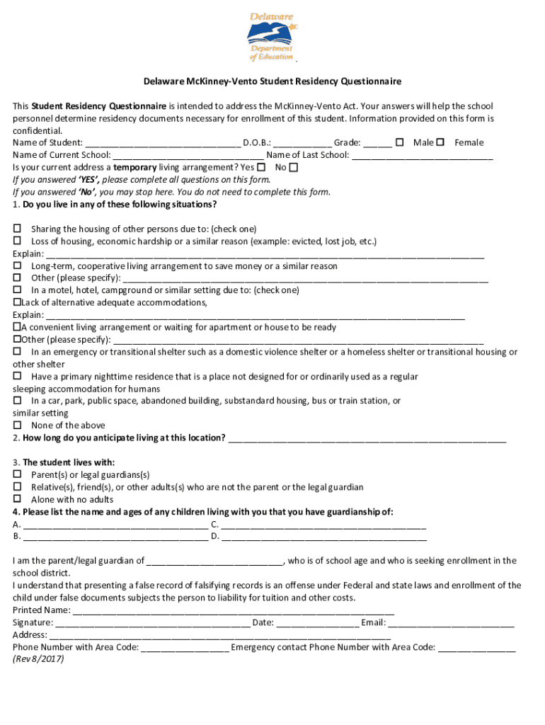 Fillable Online Delaware Mckinney-vento Student Residency Questionnaire Fax Email Print - pdfFiller