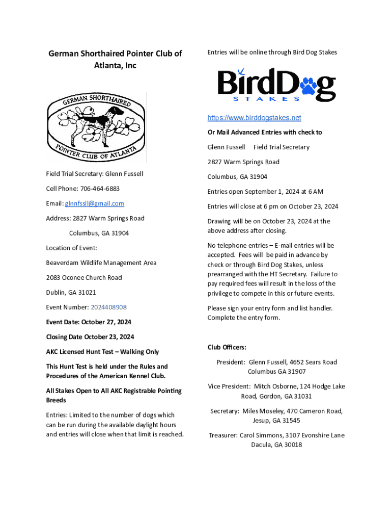 Fillable Online German Shorthaired Pointer Club of Atlanta Field Trial Fax Email Print - pdfFiller