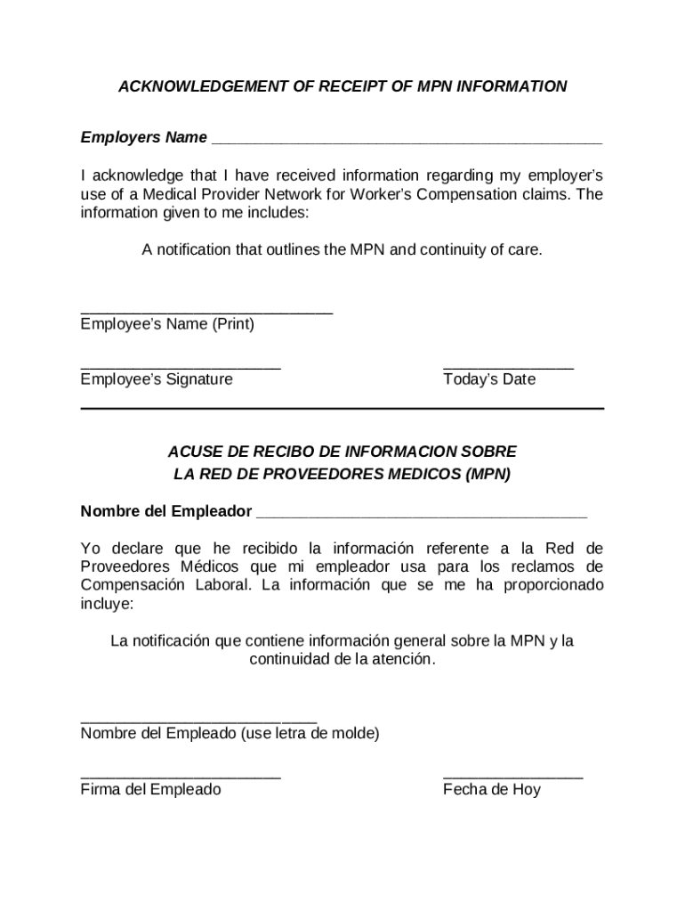 employee acknowledgement of the medical provider network Doc Template ...
