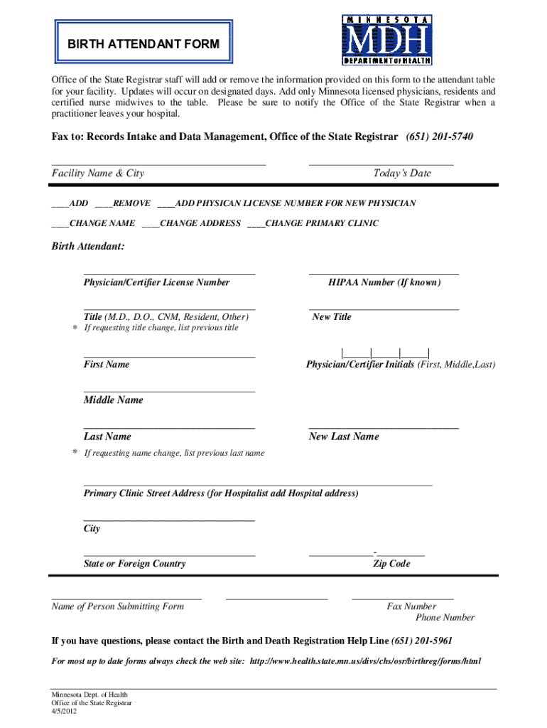 Fillable Online Birth Attendant Information Update Fax Email Print - pdfFiller