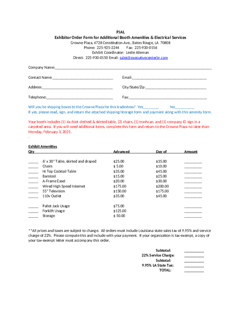 Exhibitor Order for Additional Booth Amenities & Electrical Services Doc Template | pdfFiller
