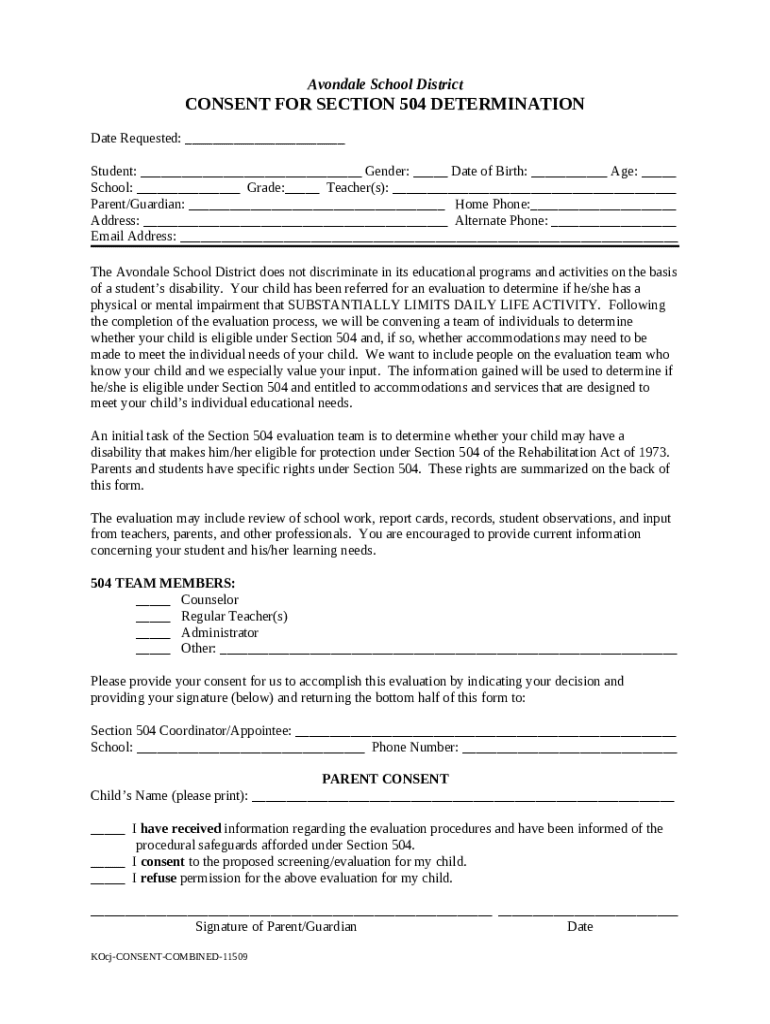 Consent for Section 504 Determination Doc Template | pdfFiller