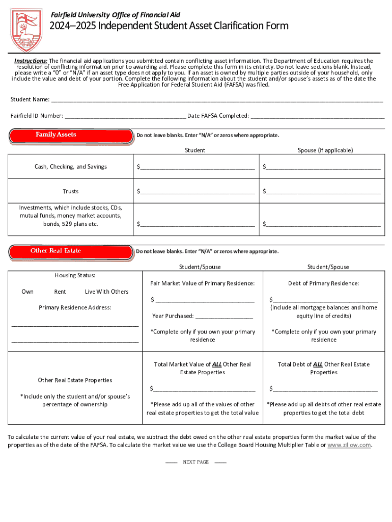 Fillable Online 20242025 Independent Student Asset Clarification Form ...