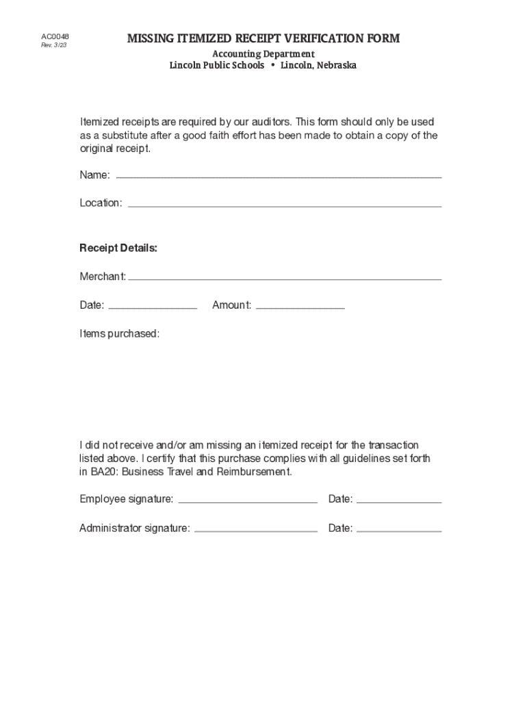 Fillable Online Missing Itemized Receipt Verification Form - Lincoln ...