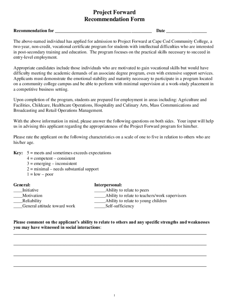 Fillable Online Project Forward Recommendation Form Fax Email Print ...
