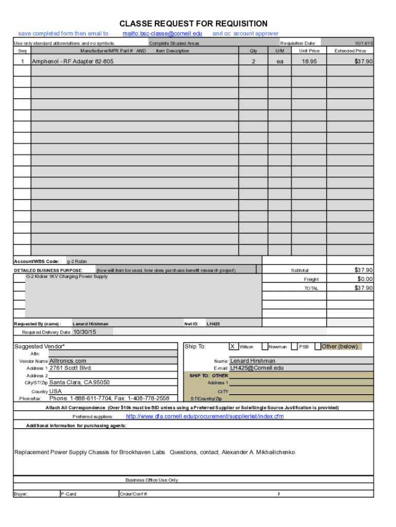 Fillable Online Classe Request for Requisition Fax Email Print - pdfFiller