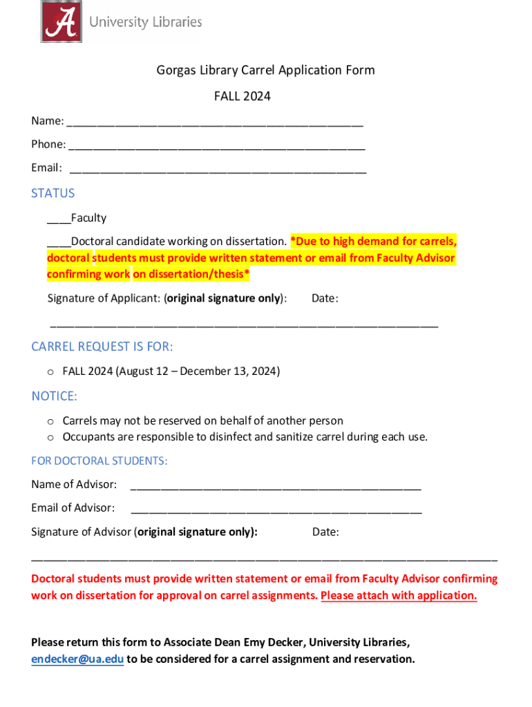 Fillable Online Gorgas Library Carrel Application - Fall 2024 Fax Email ...