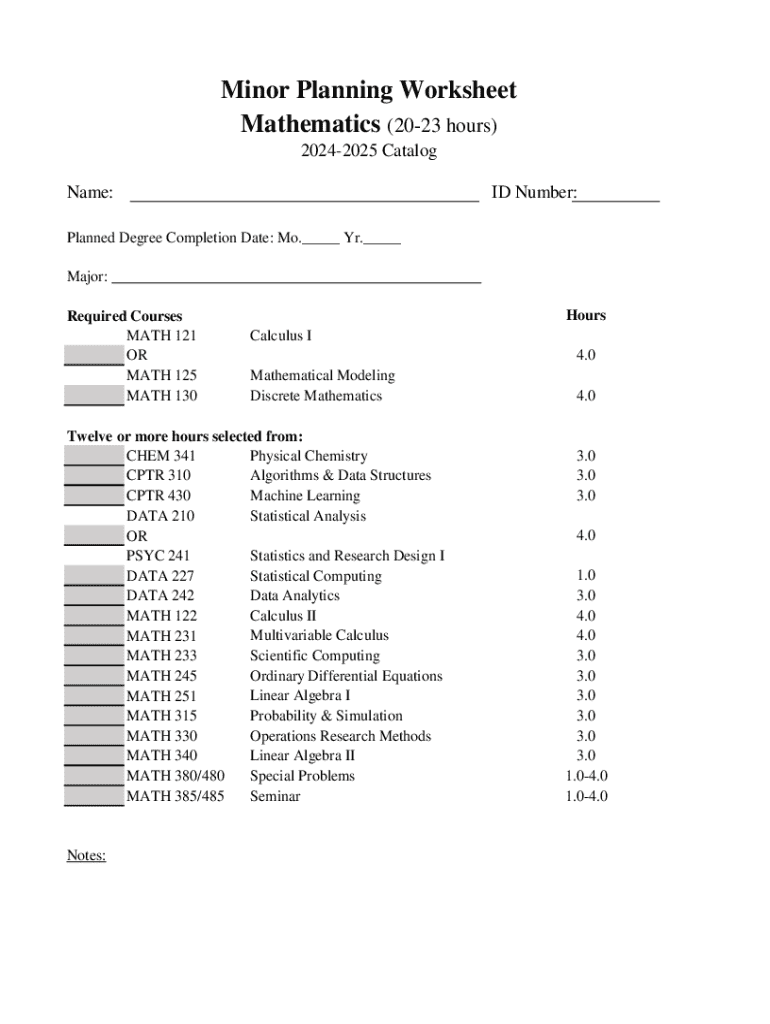 Fillable Online Mathematics Minor Planning Worksheet for 2024-2025 ...