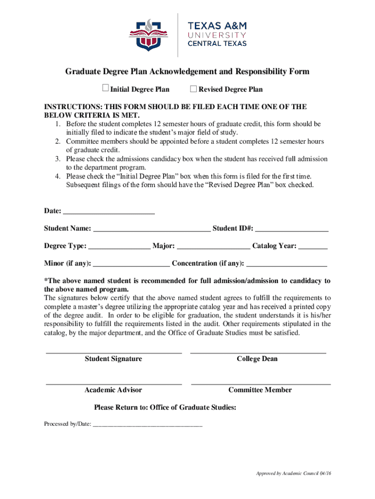 Fillable Online Graduate Degree Plan Acknowledgement Fax Email Print ...